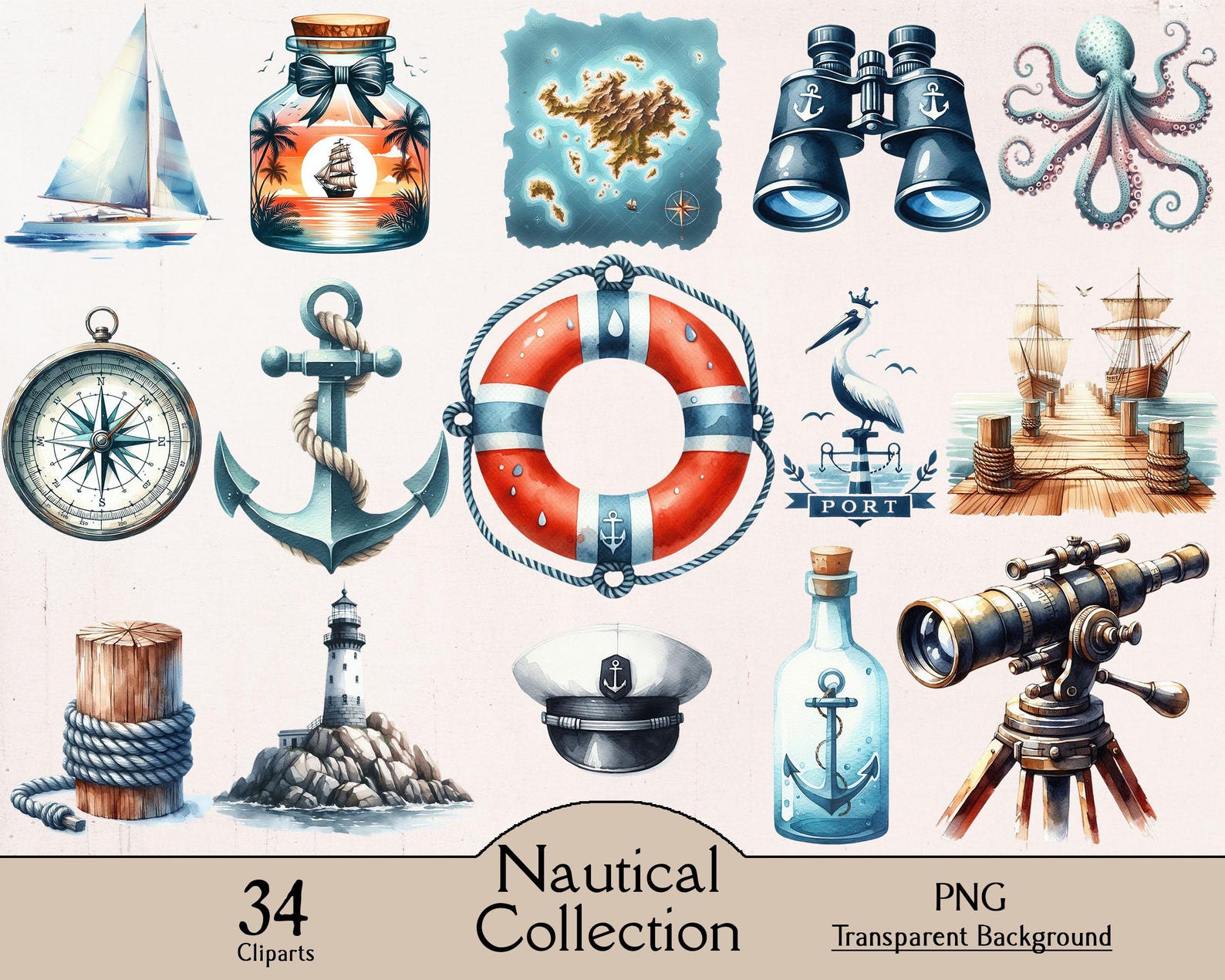 Nautical Collection Clipart, 34 PNG Cliparts, Watercolor Coastal, Sea ...