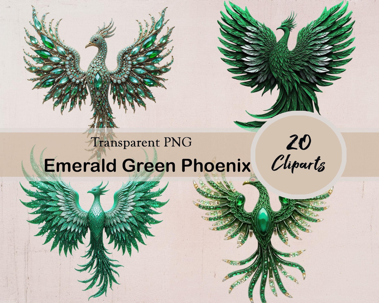 Emerald Green Sparkling Phoenix Clipart, Glitter Legendary Phoenix, 20 ...
