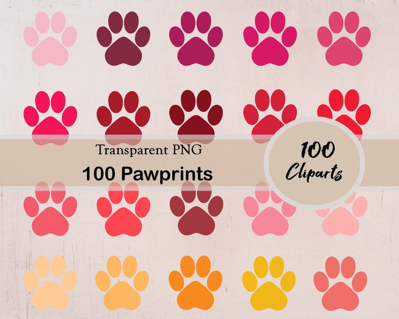 100 Colors Pawprint Clipart Set Featuring Animal Paw Print in 100 ...