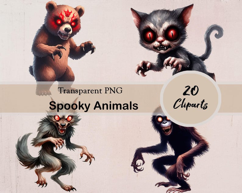Spooky Animals Clipart Bundle, Creepy Animals, 20 PNG Cliparts ...