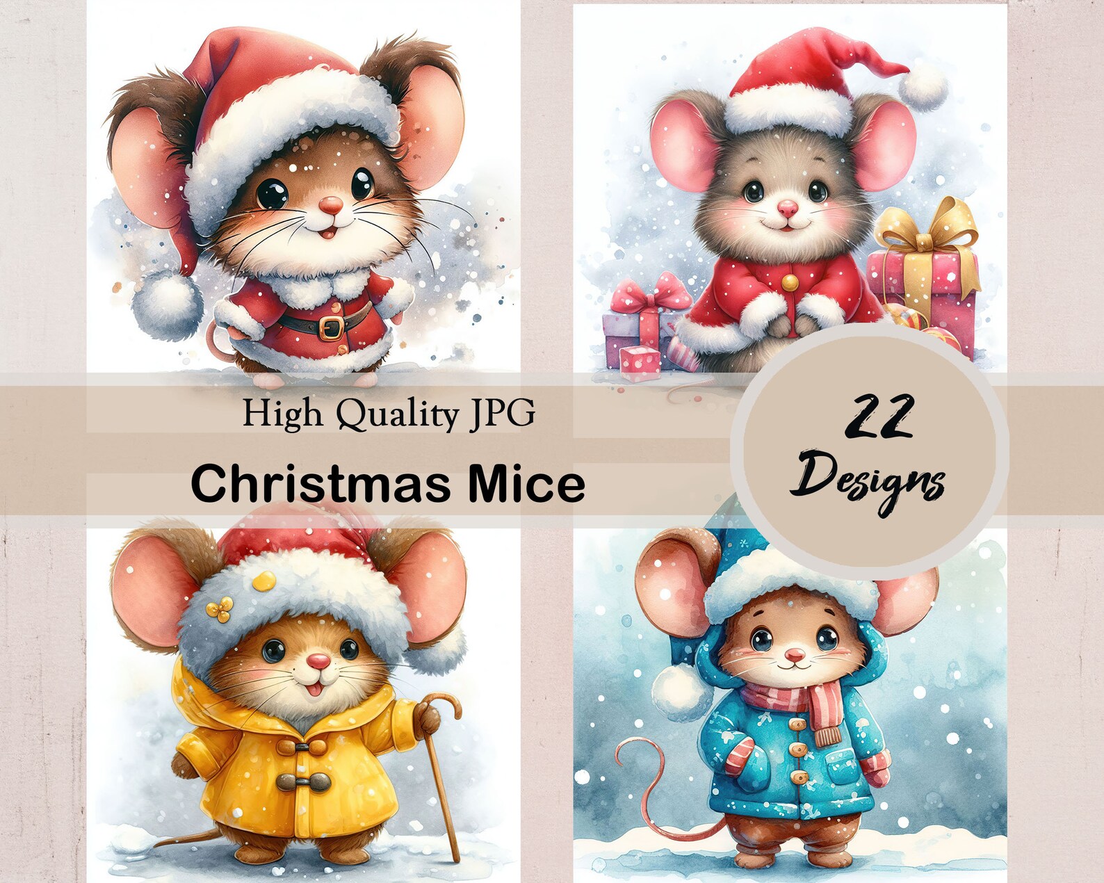 Christmas Mice, 22 JPG Images, Christmas Clipart, Cute Mouse, Winter ...