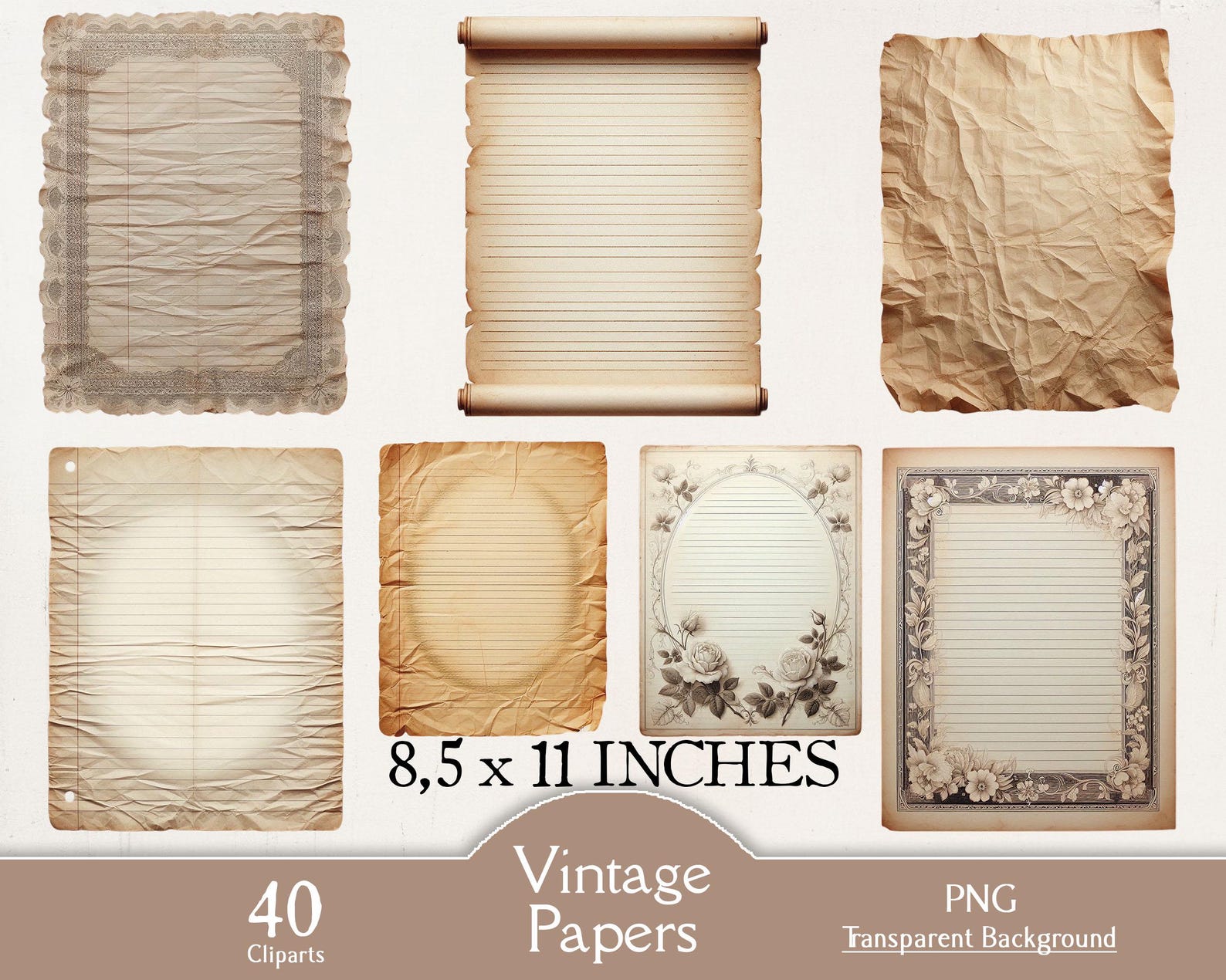 Vintage Papers, 40 Sheets PNG, Printable, Old Paper, Ephemera, Empty ...