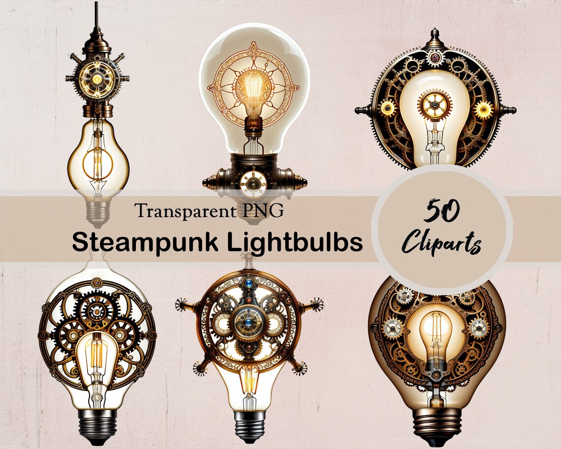Steampunk Lightbulbs, 50 PNG Cliparts, Steampunk Style, Bulb Clipart ...