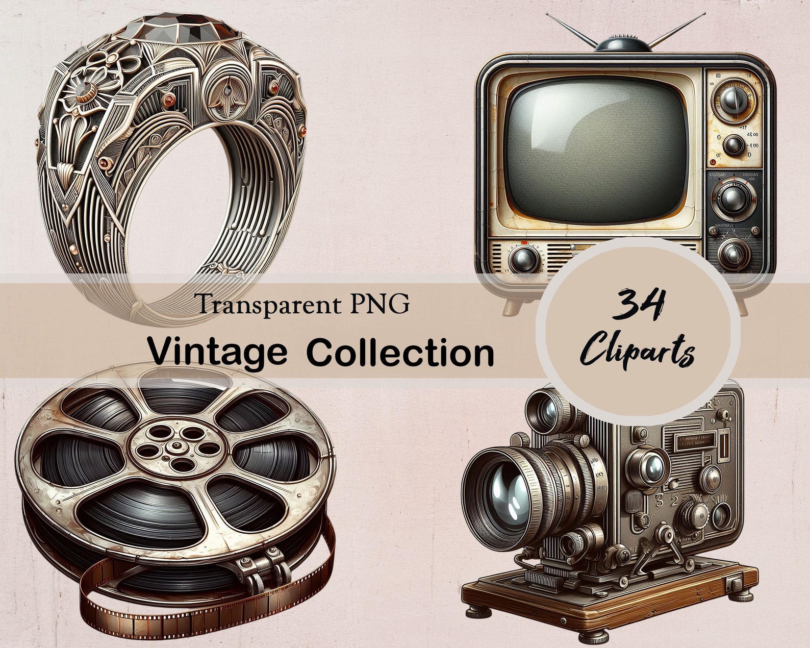Vintage Collection Clipart, 34 PNG Cliparts With Transparent Background ...