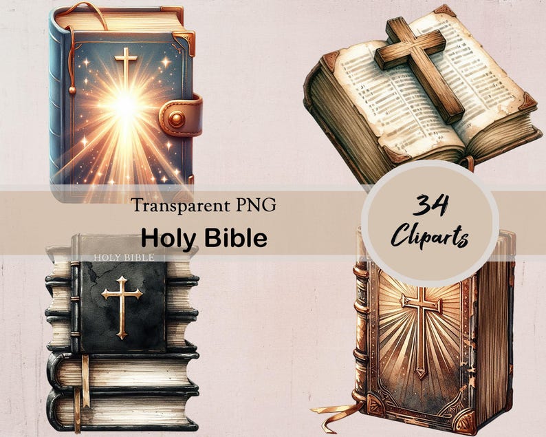 Holy Bible Clipart Bundle, Watercolor Holy Book, 34 PNG Cliparts, Faith ...