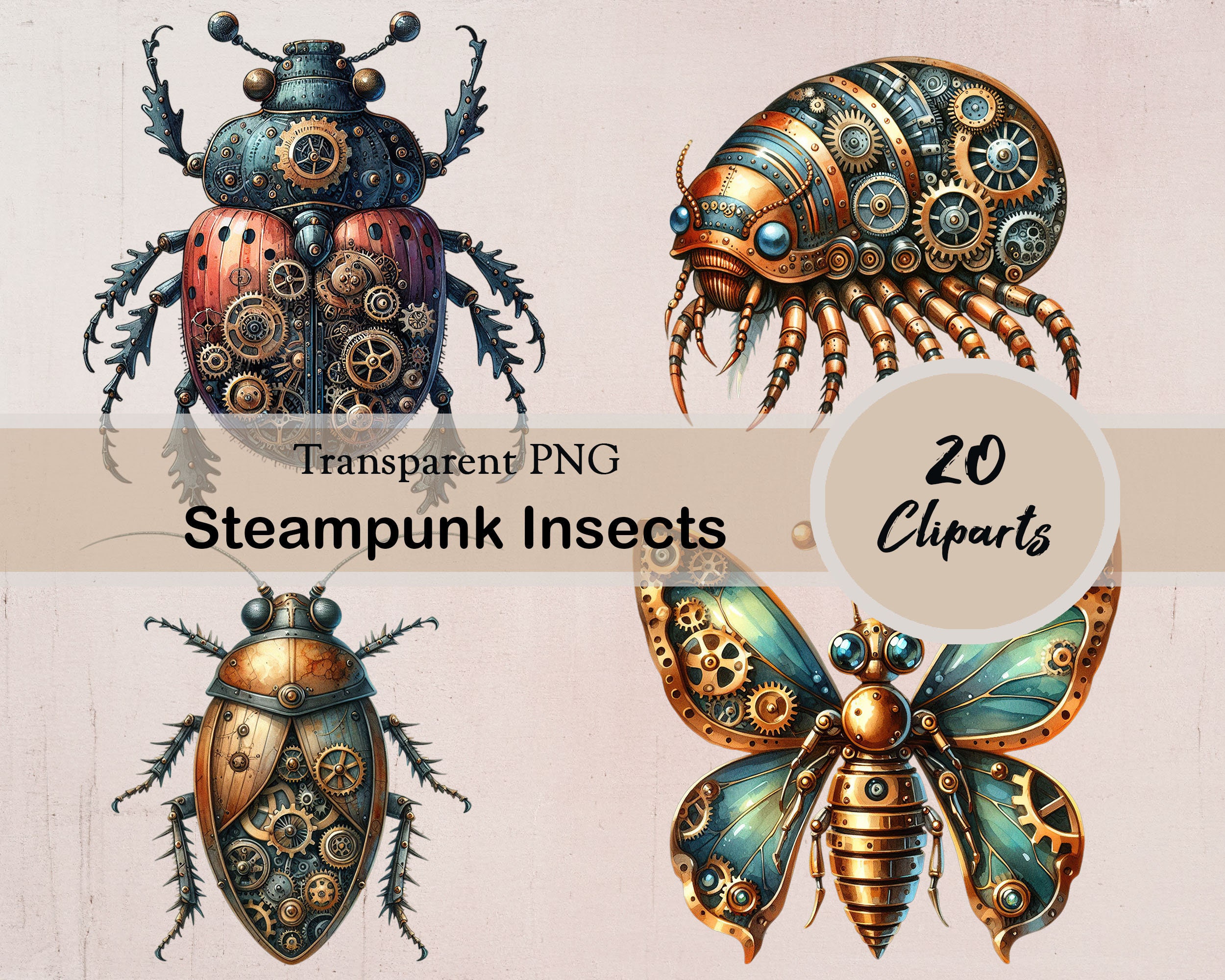 Steampunk Insects, 20 PNG Cliparts, Steampunk, Insect, Printable ...