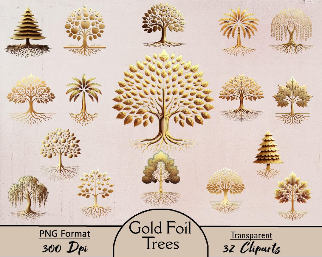 Gold Foil Trees, 32 PNG Cliparts, Gold Tree, Palm Tree, Pine Tree ...