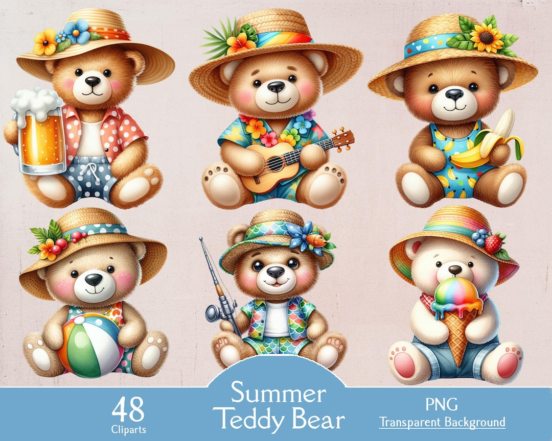Summer Teddy Bear Clipart Bundle, 48 PNG Cliparts, Card Making ...