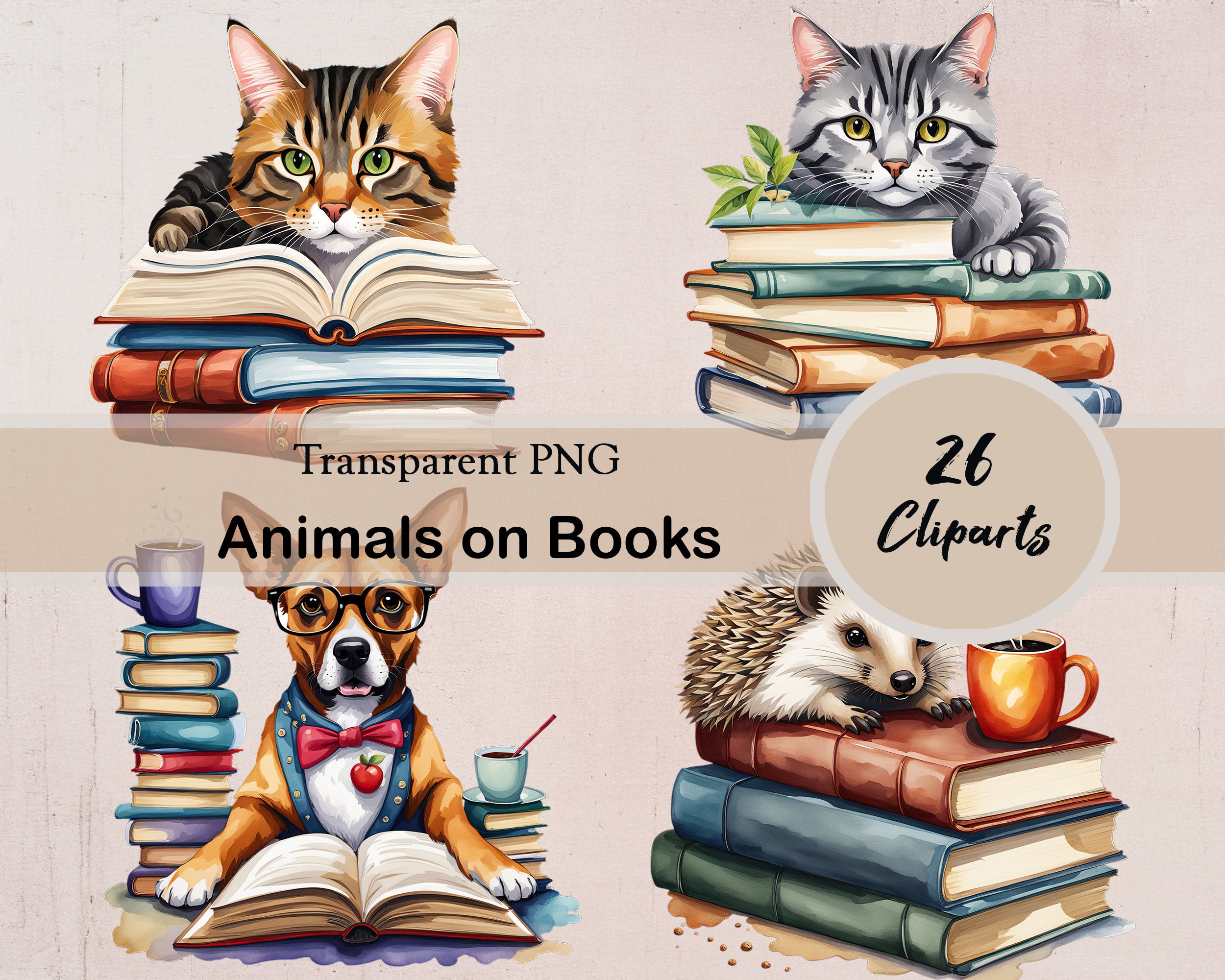 Animals on Books, 26 PNG Cliparts, Animal Books, Digital, Download ...