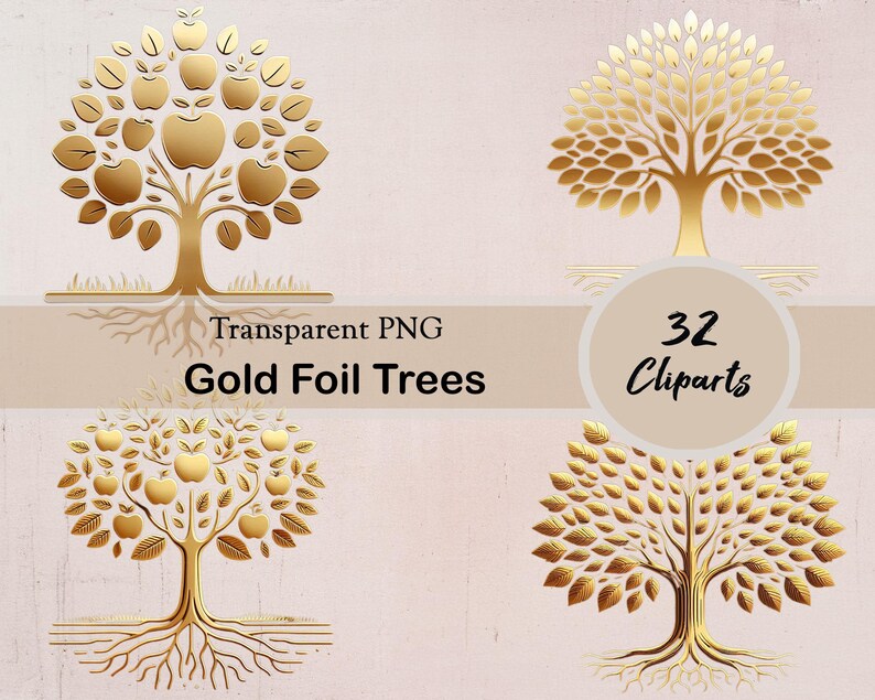 Gold Foil Trees, 32 PNG Cliparts, Gold Tree, Palm Tree, Pine Tree ...