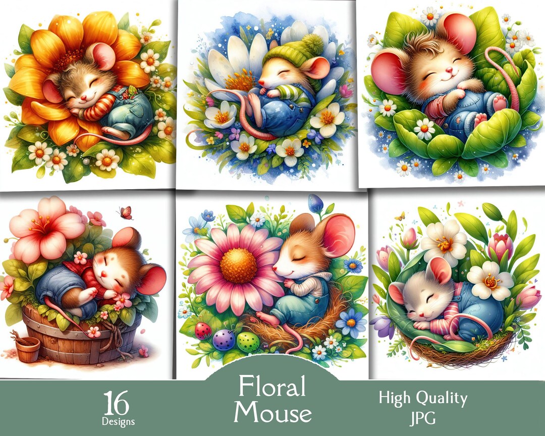 Floral Mouse, Spring Mouse, Lying, Sleeping, 16 Jpg Image, Cute Mouse ...