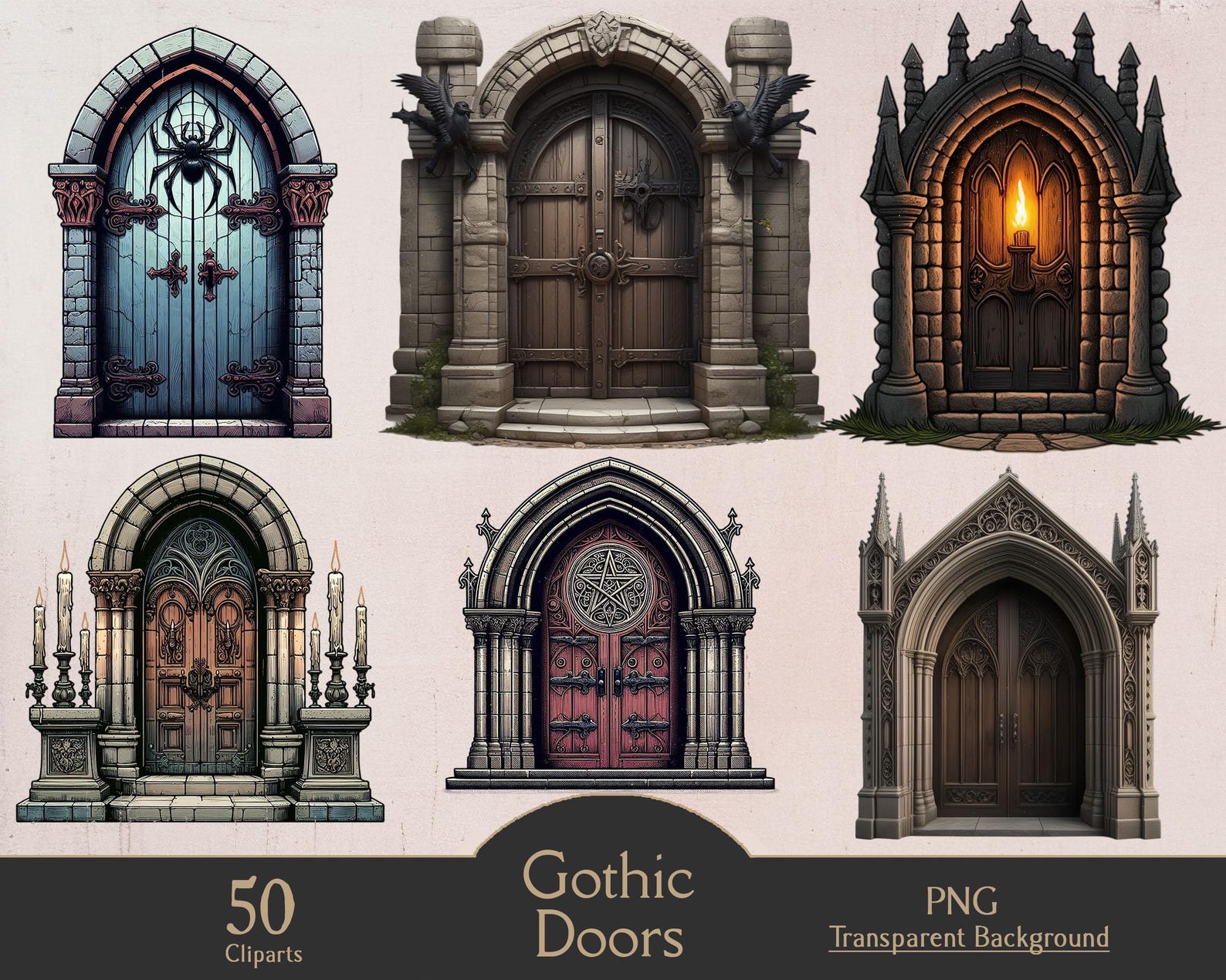 Gothic Doors, 50 PNG Cliparts, Fantasy Wooden Doors, Dungeon Entrance ...