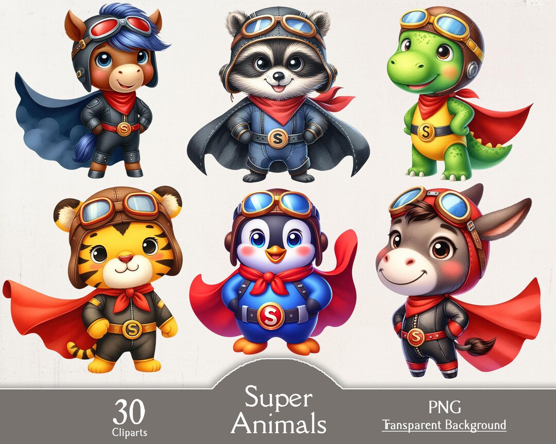 Superhero Animals, Super Animals, 30 PNG Cliparts, Baby Animals ...