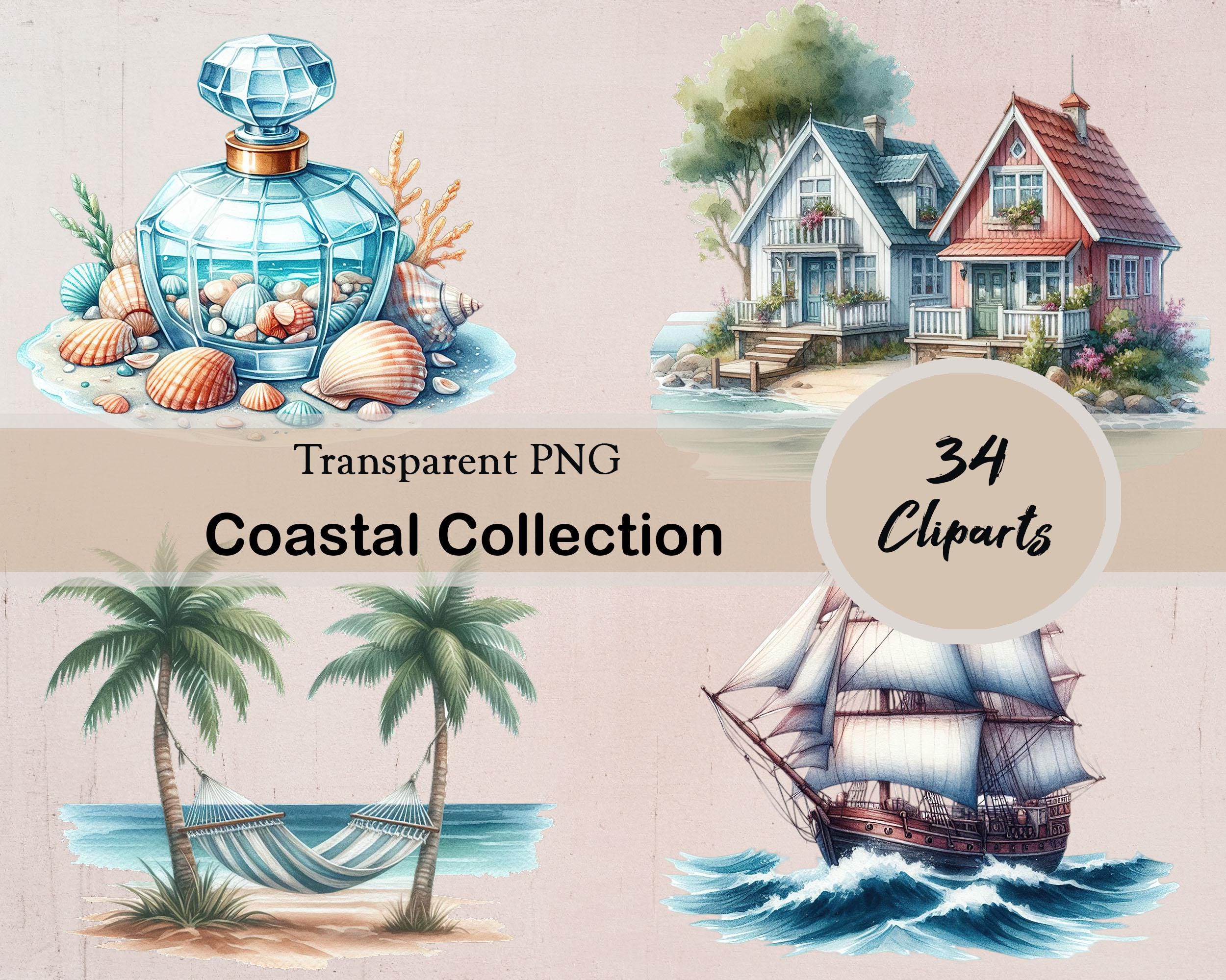 Watercolor Coastal Clipart Collection, 34 PNG Cliparts, Summer Clipart ...