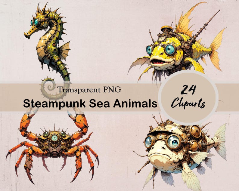 Watercolor Steampunk Sea Animals Clipart Bundle, 24 PNG Cliparts ...