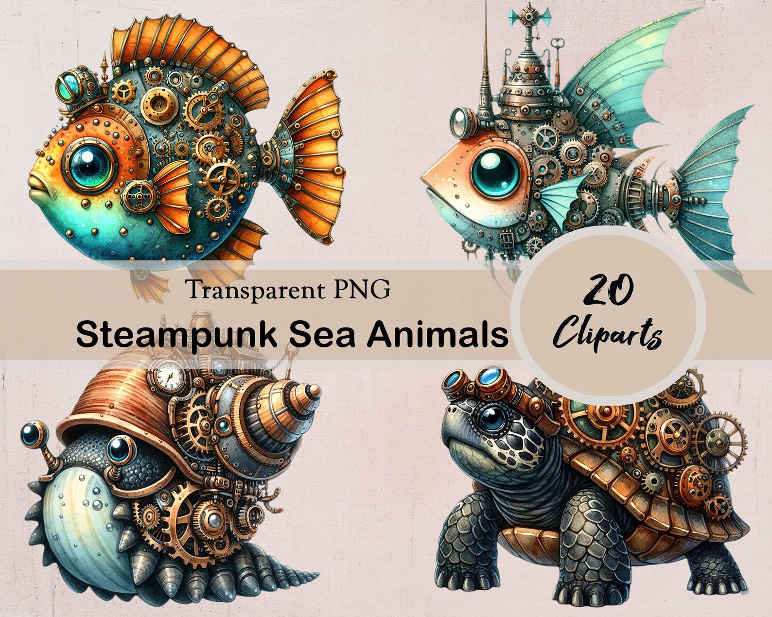 Steampunk Sea Animals, 20 PNG Cliparts, Underwater Clipart, Ocean ...