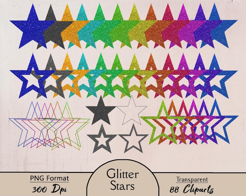 Glitter Stars, 88 PNG Cliparts, Sparkly Gold, Silver, Multicolored ...