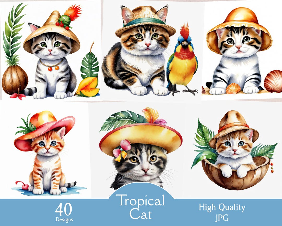 Tropical Cat, 40 JPG Images, Summer Cat, Cute Cat, Kitten, Printable ...