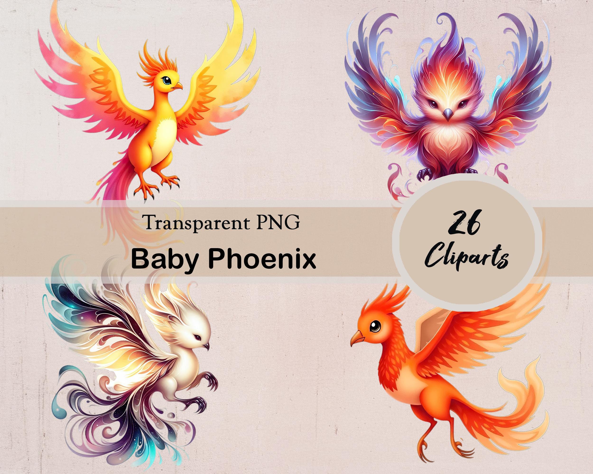 Watercolor Baby Phoenix Clipart, Vibrant Legendary Fire Bird, 26 PNG ...