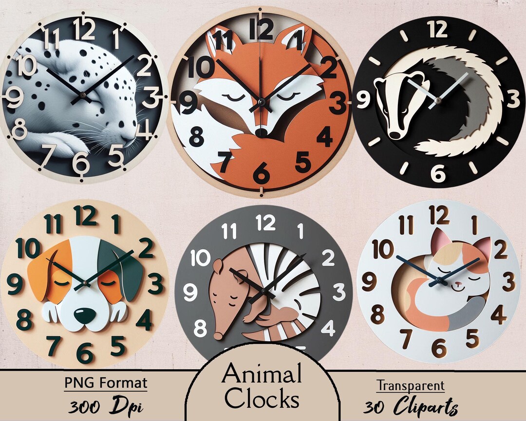 Animal Clocks, 30 PNG Cliparts, Wall Clock, Wall Decoration, Kids Room ...
