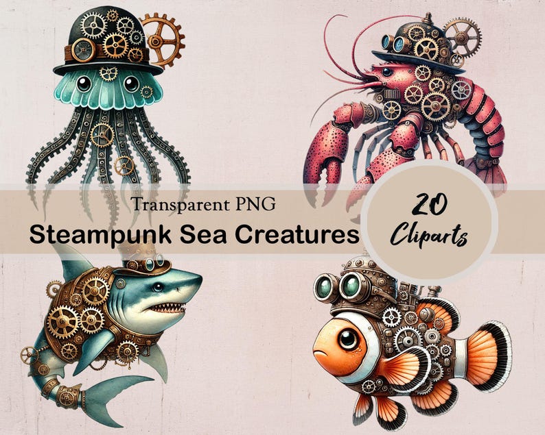 Steampunk Sea Creatures, 20 PNG Cliparts, Underwater Clipart, Ocean ...