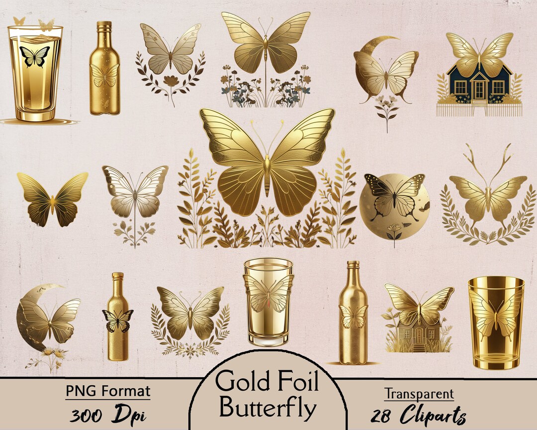 Gold Foil Butterfly, 28 PNG Cliparts, Butterfly, Gold Foil Clipart ...