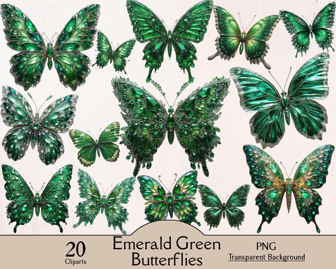 Emerald Green Butterfly Bundle, Shiny Butterfly, 20 PNG Cliparts, Green ...