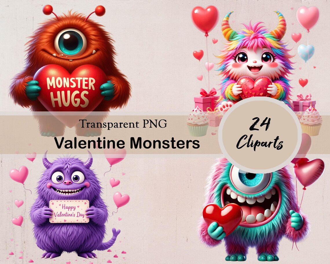 Cute Valentine Monsters, 24 PNG Cliparts, Cartoon Monsters, Watercolor ...