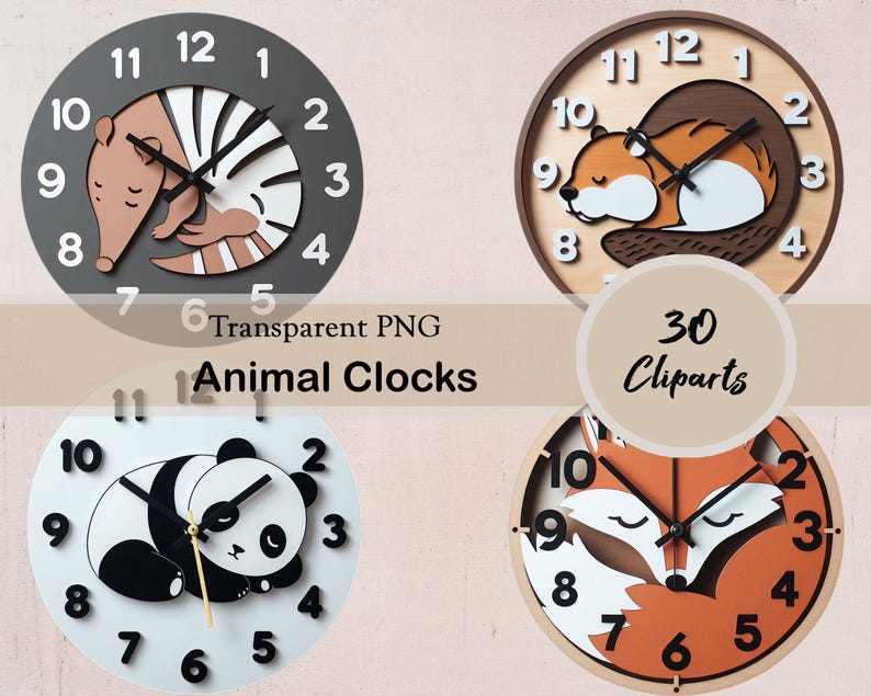 Animal Clocks, 30 PNG Cliparts, Wall Clock, Wall Decoration, Kids Room ...