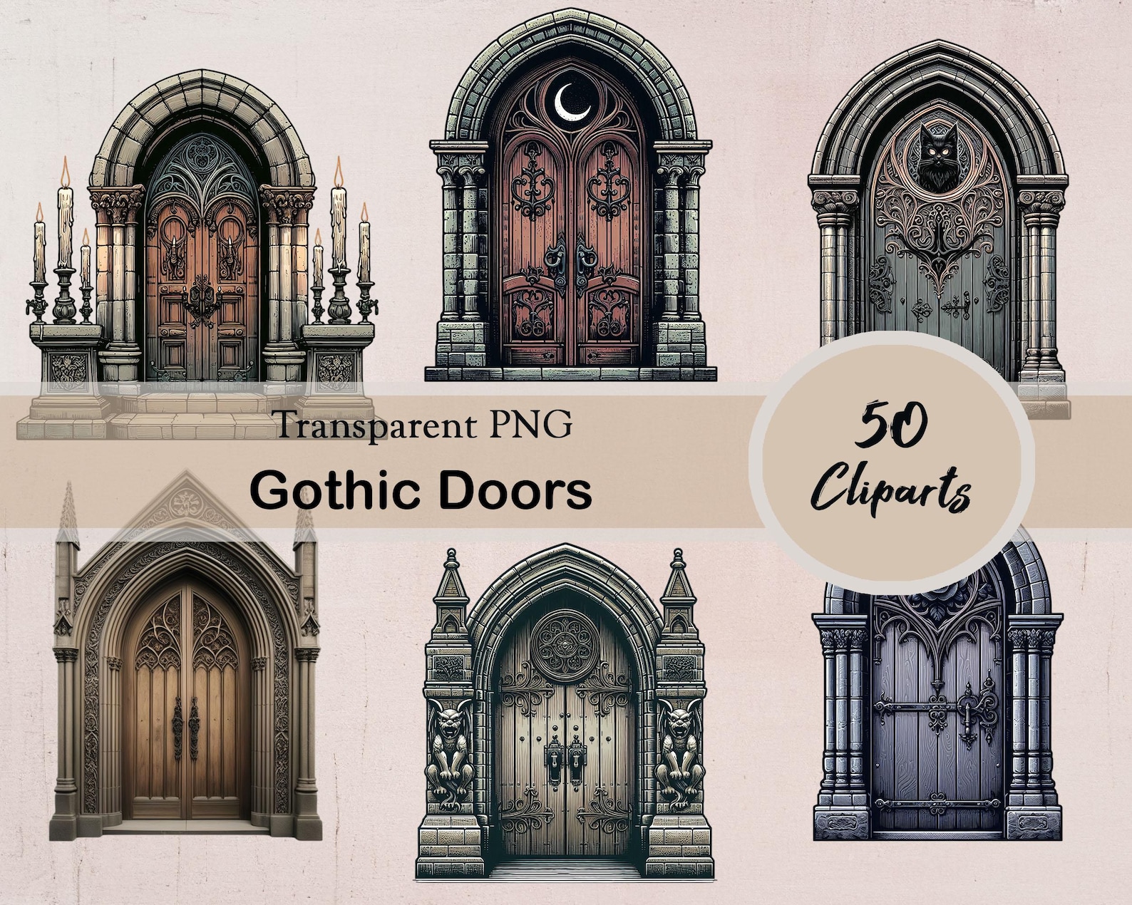 Gothic Doors, 50 PNG Cliparts, Fantasy Wooden Doors, Dungeon Entrance ...