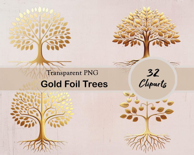 Gold Foil Trees, 32 PNG Cliparts, Gold Tree, Palm Tree, Pine Tree ...