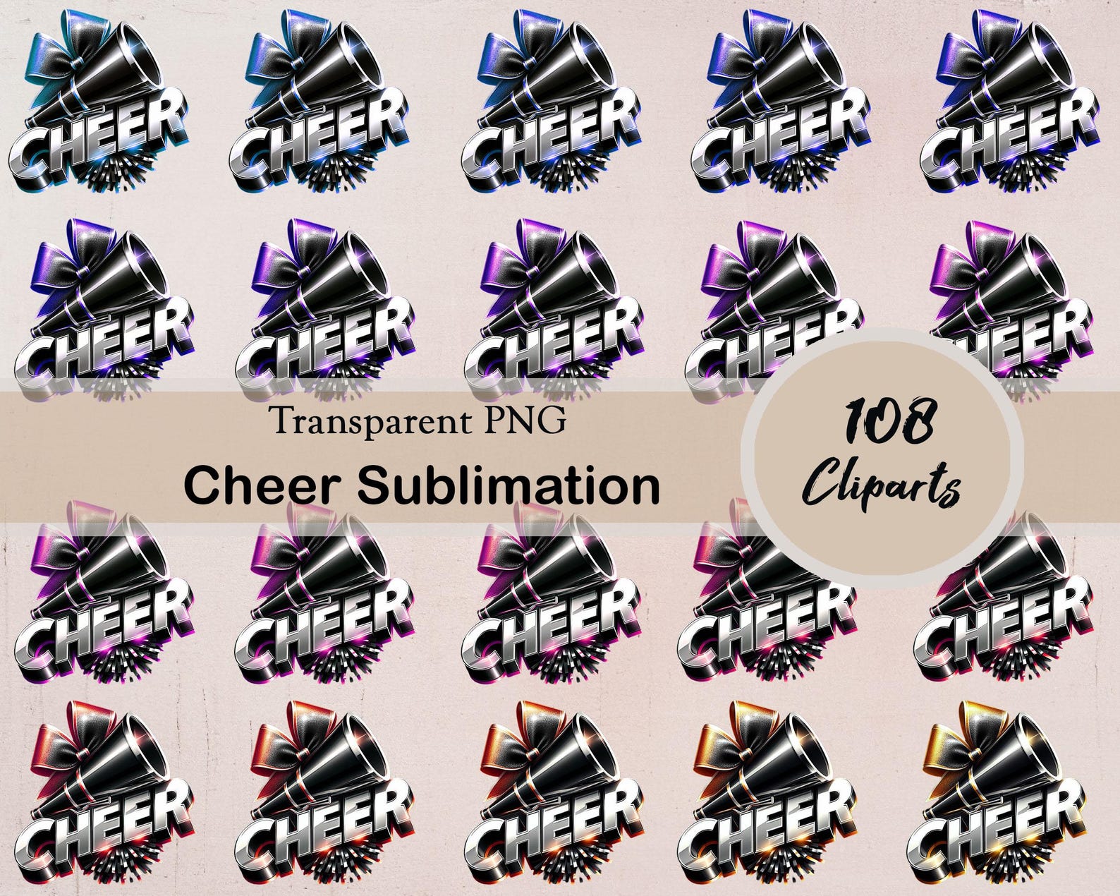 Cheer Sublimation, 108 PNG Cliparts, Watercolor, Cheerleader, Pom Pom ...