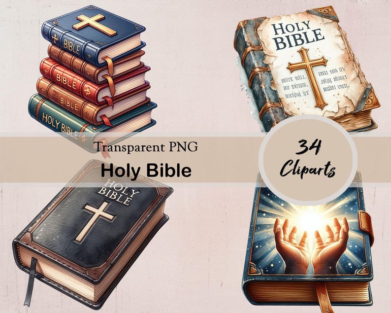 Holy Bible Clipart Bundle, Watercolor Holy Book, 34 PNG Cliparts, Faith ...