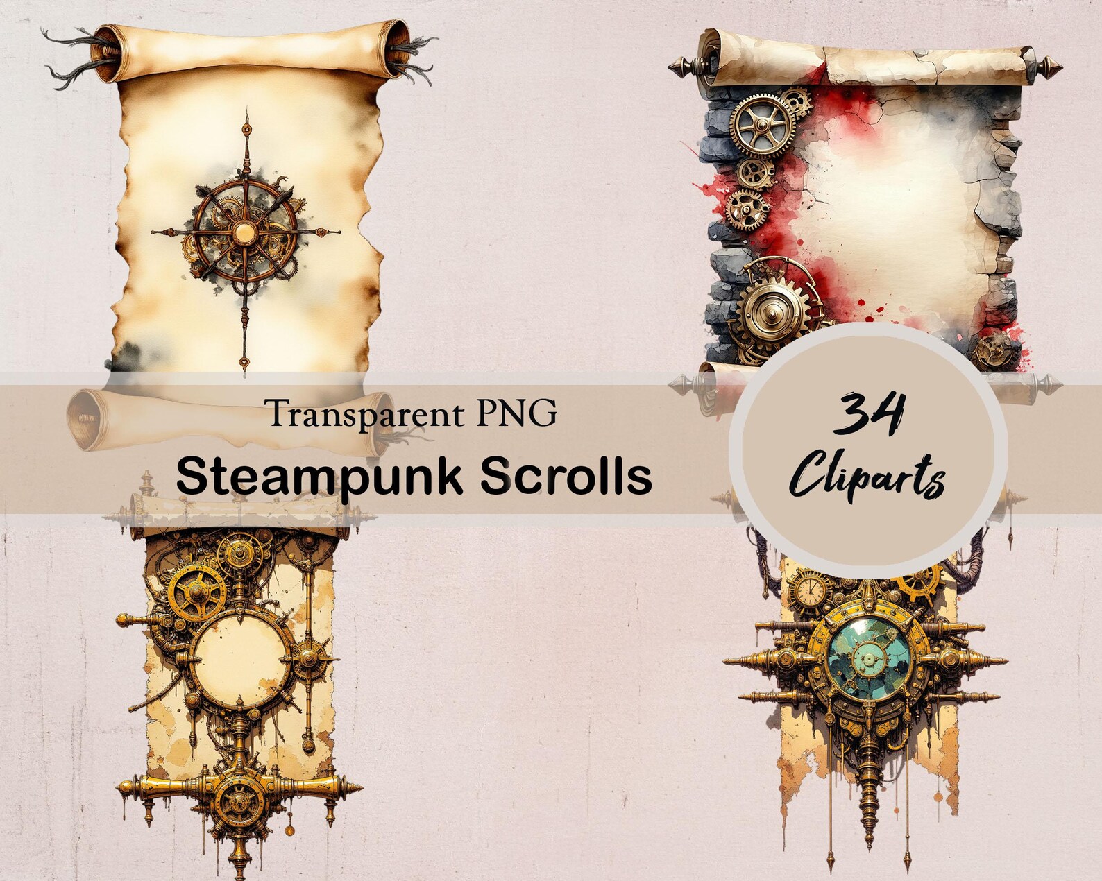 Steampunk Scrolls, Magic Scrolls, 34 PNG Cliparts, Scrolls Clipart ...