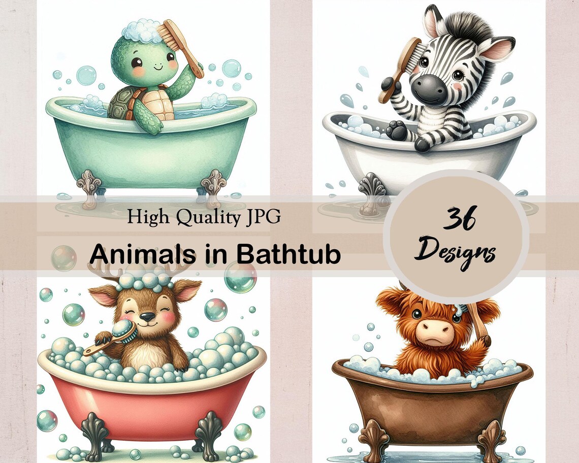 Bathtube Animals, 36 JPG Images, Bubble Bath Animals, Nursery, Wall Art ...