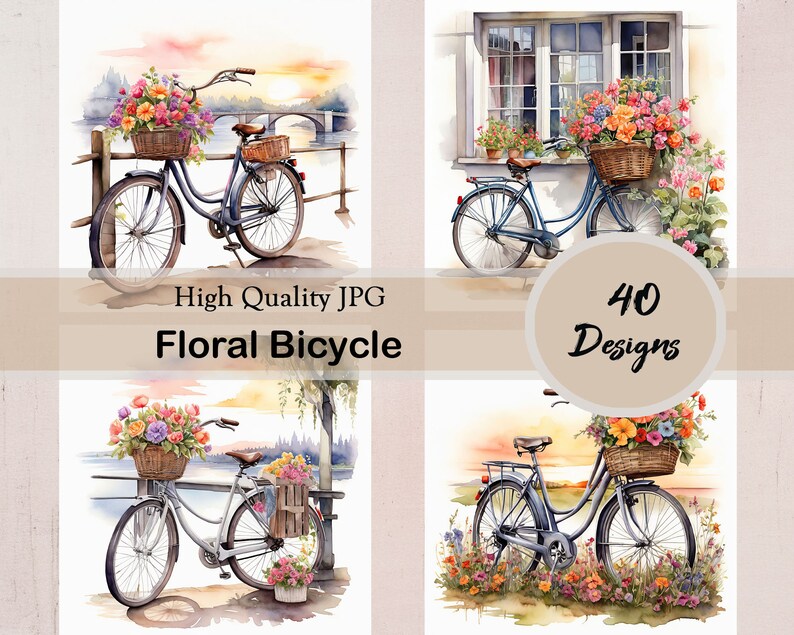 Floral Bicycle, 40 JPG Images, Digital, Download, Paper Craft, Clipart ...