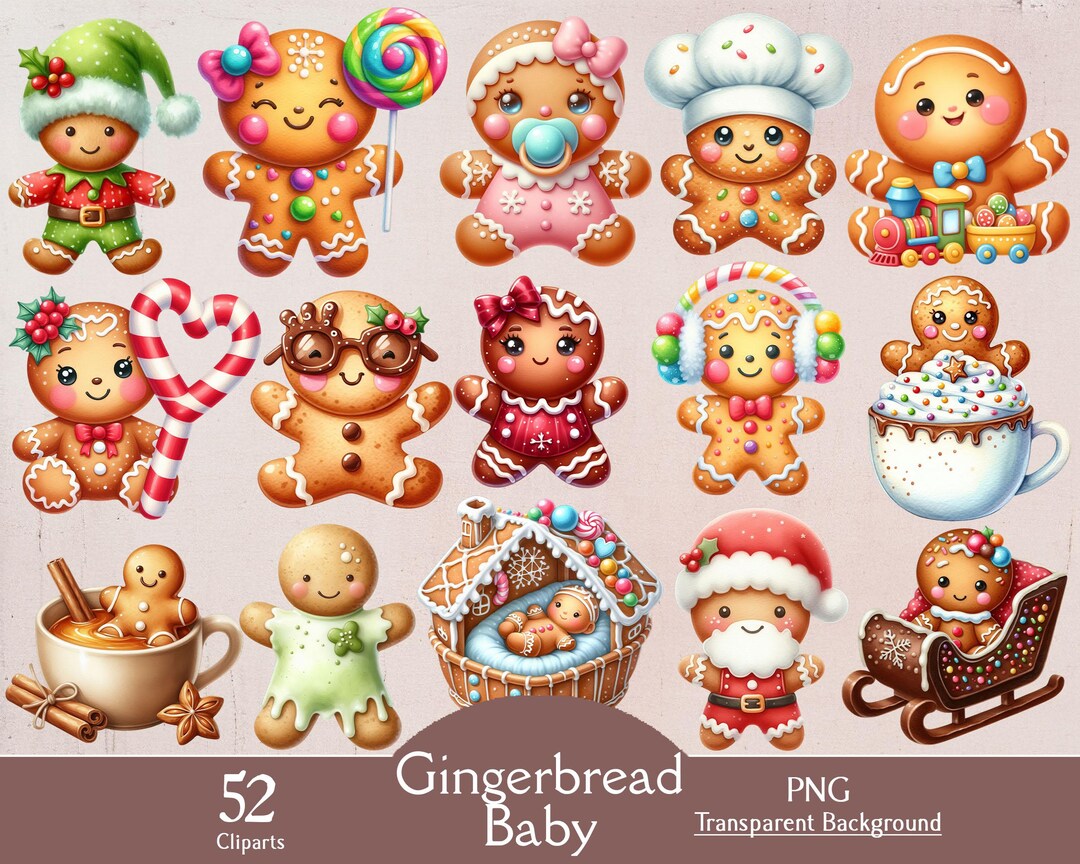 Gingerbread Baby Clipart, 52 Festive PNG Cliparts, Baby Gingerbread ...