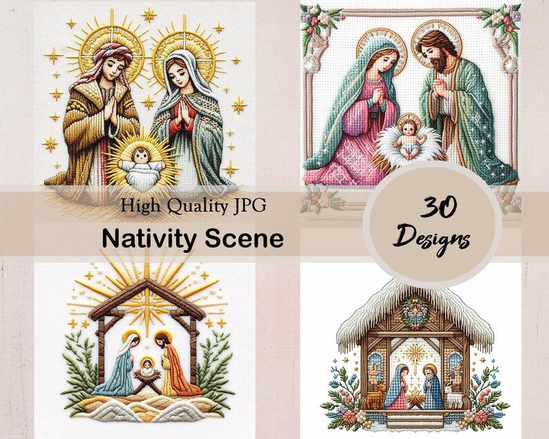 Nativity Scene, 30 JPG Images, Embroidered, Clipart, Christmas, Digital ...
