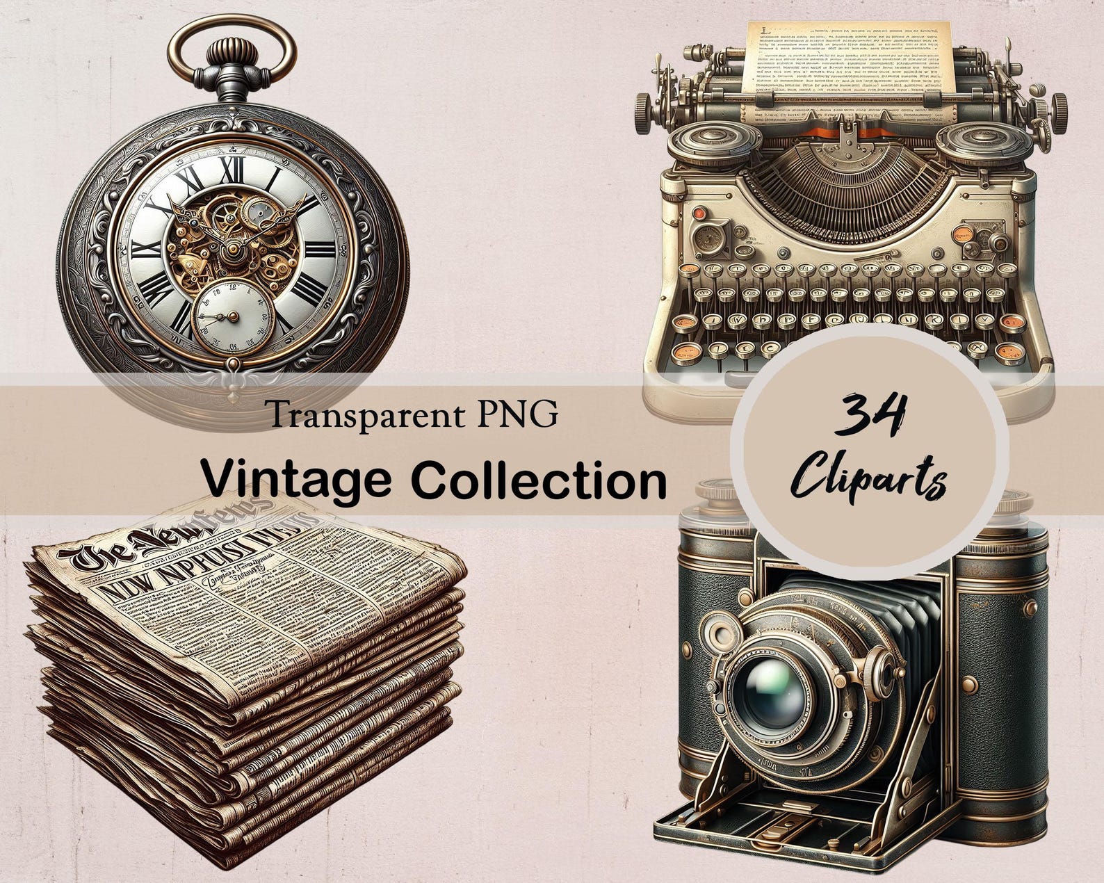 Vintage Collection Clipart, 34 PNG Cliparts With Transparent Background ...