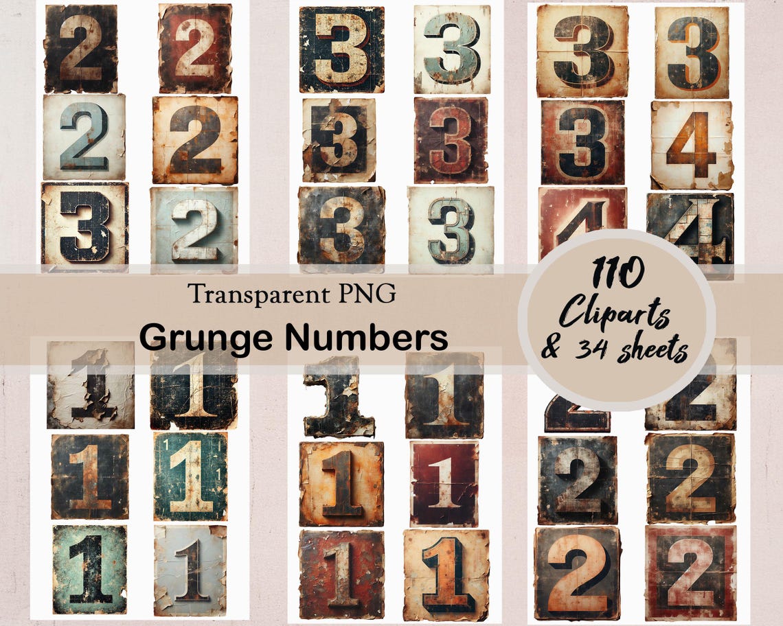 Grunge Numbers, Vintage Labels, 110 PNG Cliparts, Printable Sheets ...