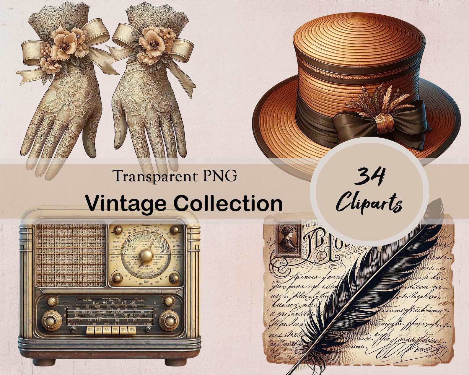 Vintage Collection Clipart, 34 PNG Cliparts With Transparent Background ...