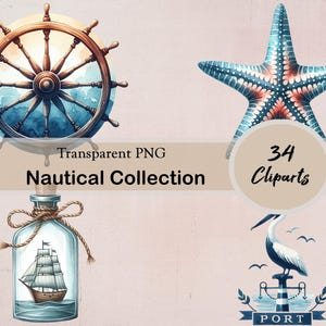 Nautical Collection Clipart, 34 PNG Cliparts, Watercolor Coastal, Sea ...