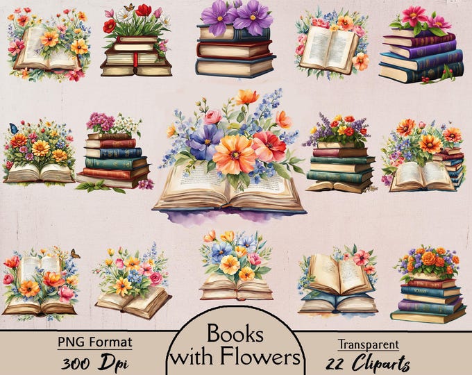 Books With Flowers, 22 PNG Cliparts, Floral Books, Digital, Paper Craft ...