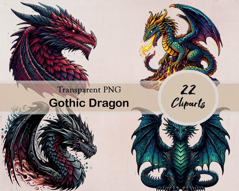 Gothic Dragons, 22 PNG Cliparts, Dark Fantasy, Dragon Clipart, Digital ...
