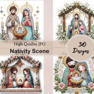 Nativity Scene, 30 JPG Images, Embroidered, Clipart, Christmas, Digital ...