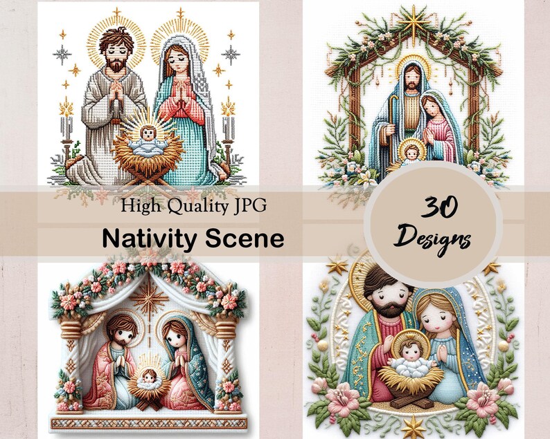 Nativity Scene, 30 JPG Images, Embroidered, Clipart, Christmas, Digital ...