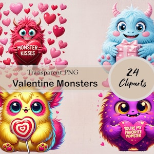 Cute Valentine Monsters, 24 PNG Cliparts, Cartoon Monsters, Watercolor ...