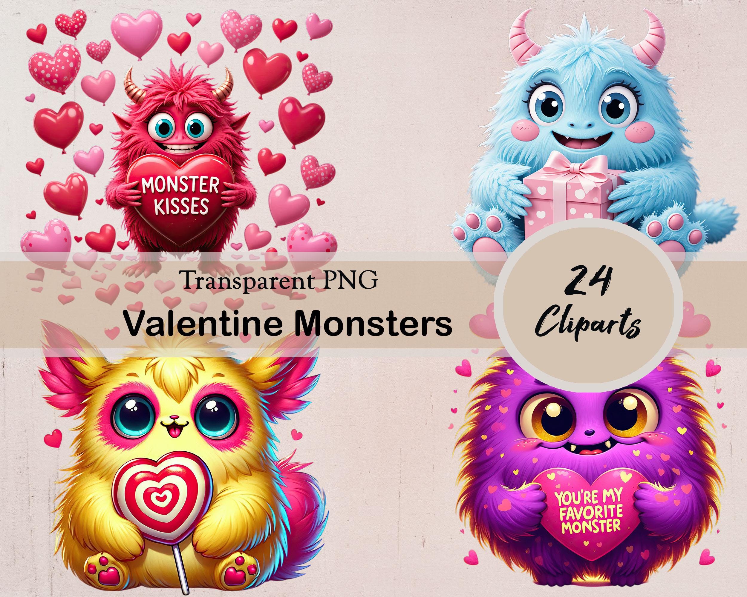 Cute Valentine Monsters, 24 PNG Cliparts, Cartoon Monsters, Watercolor ...