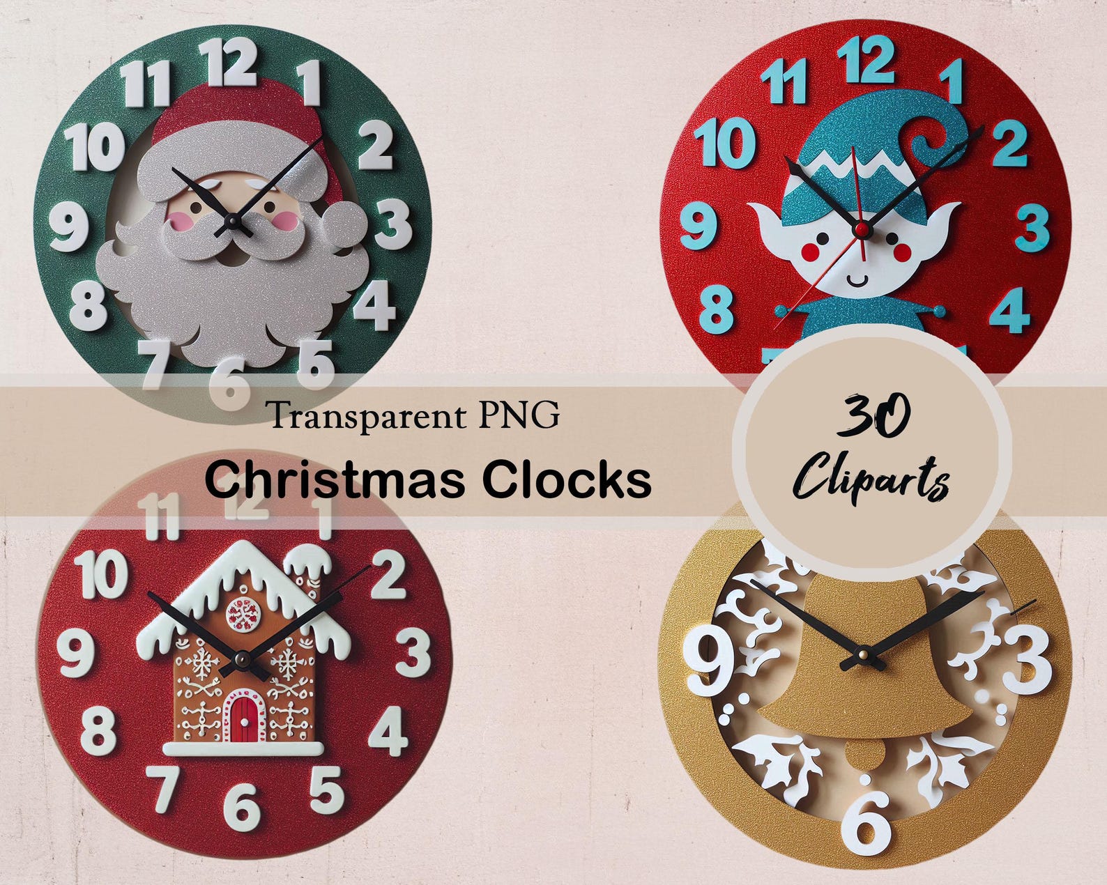Christmas Clocks, 30 PNG Cliparts, Wall Clocks, Table Clocks, Digital ...