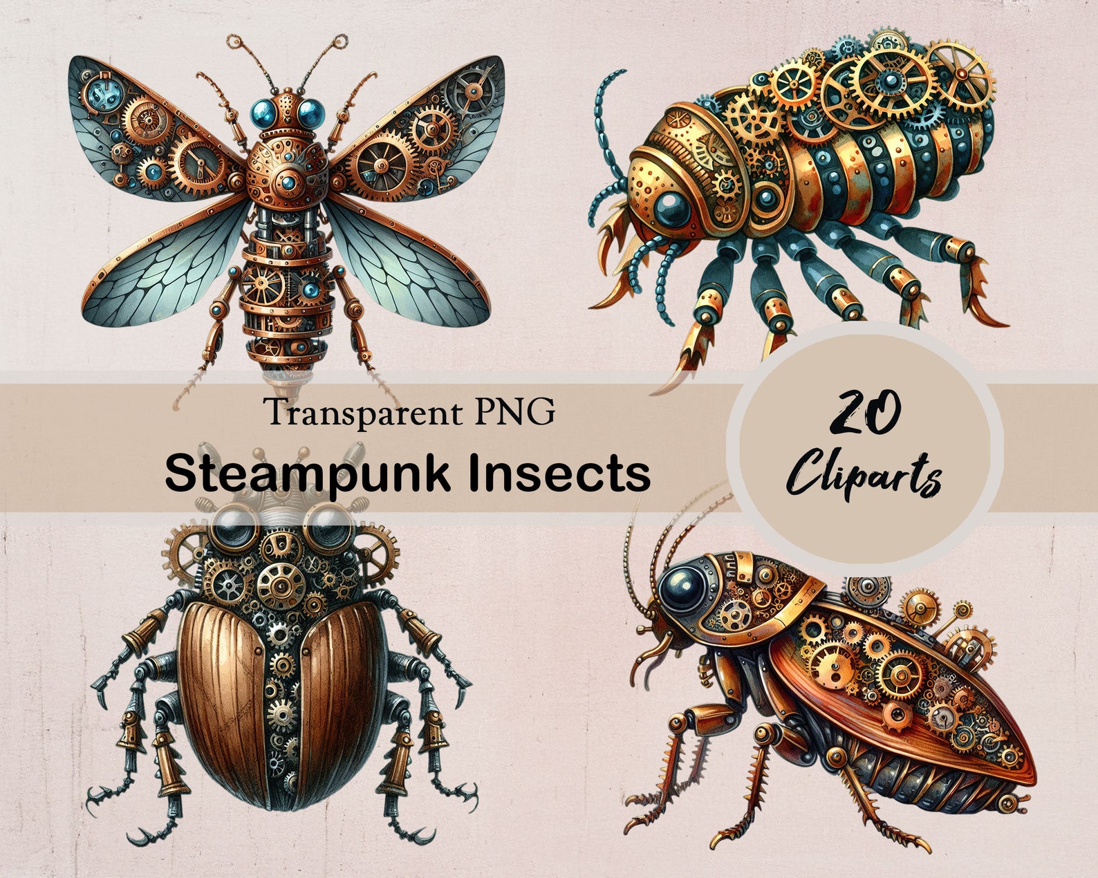 Steampunk Insects, 20 PNG Cliparts, Steampunk, Insect, Printable ...